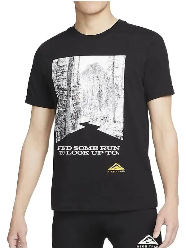 Nike Landscape Alphabet Printing Round Neck Pullover Straight Short Sleeve Black T-shirt - Multi-color