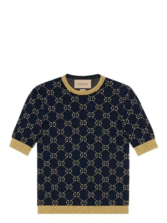 Gucci Gg Cotton Silk Short Sleeve Top - Navy