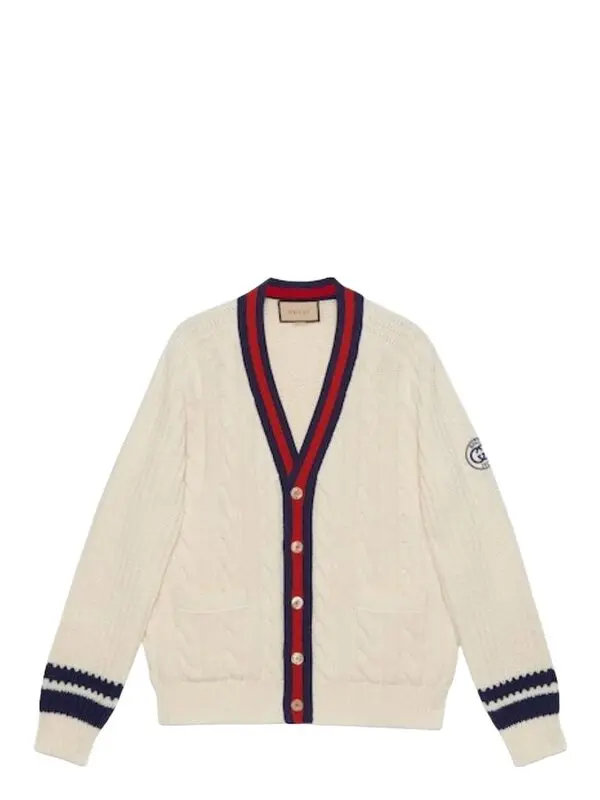Gucci Cable Wool Knit Cardigan With Web - Ivory