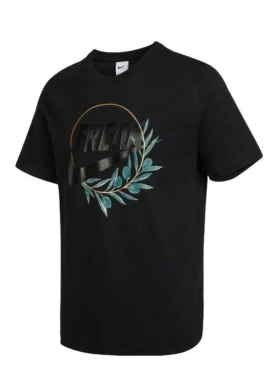 Nike Plant Pattern Printing Round Neck Pullover Short Sleeve Black T-shirt - Default Color
