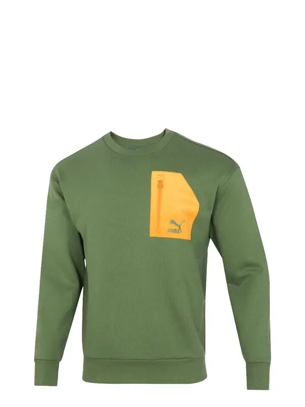PUMA Contrasting Colors Zipper Pocket Round Neck Pullover - Green