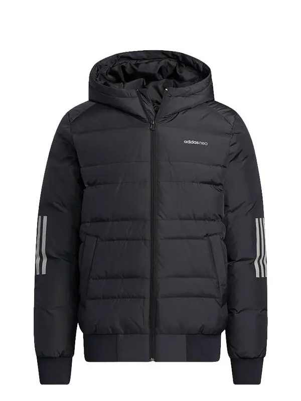 Adidas Neo Puffer Jacket With Hood And Sporty Stripes - Black