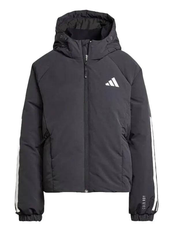 Adidas Puffy Down Jacket With Hood And Striped Sleeves - Black