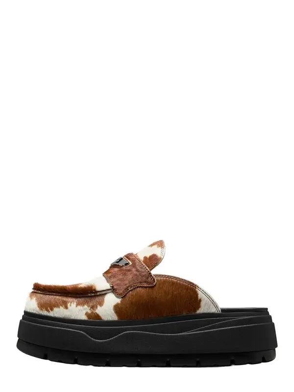 JORDAN Cow Print Platform Mules - Black/baroque Brown/metallic Silver