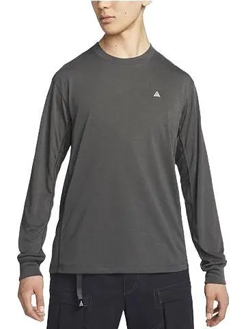 Nike Dri-fit Solid Color Logo Embroidered Casual Round Neck Long Sleeves Black Smoke Gray T-shirt - Default Color