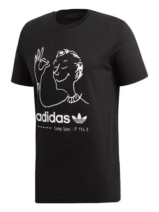 Adidas Originals Hand Painted Character Logo Round Neck Cartoon Short Sleeve Black T-shirt - Multi-color