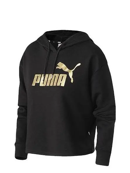 PUMA Cropped Metallic Logo Fleece Hoodie - Black/gold