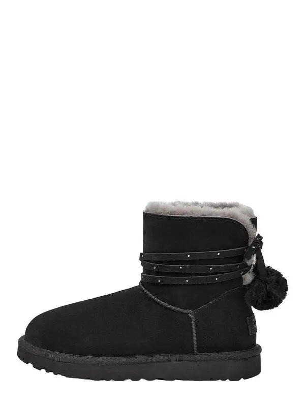 UGG Mini Bailey Bow Pom Ankle Boots - Black