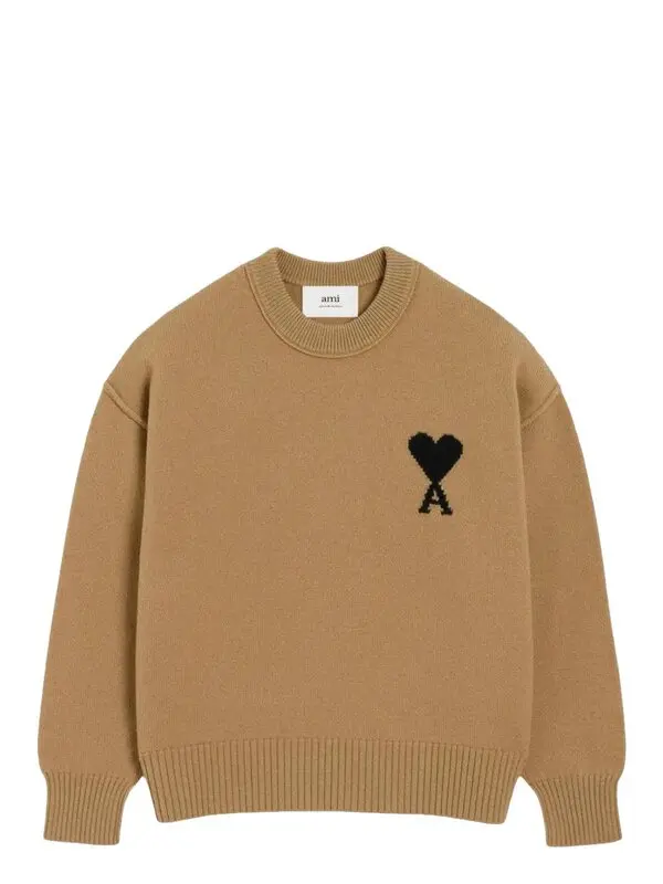 AMI Paris Big Heart Wool Crewneck Sweater - Camel/black