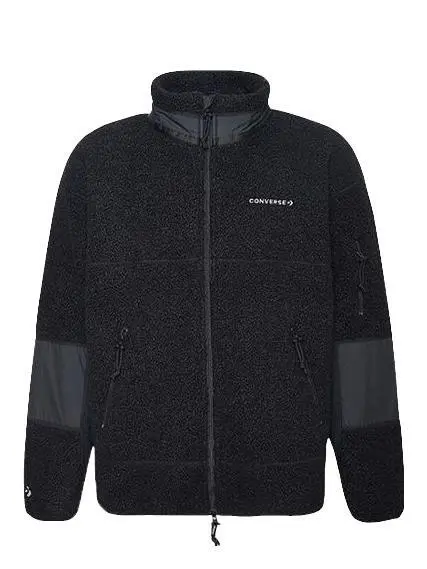 CONVERSE Splicing Fleece Stand Collar Zip-up Jacket - Black