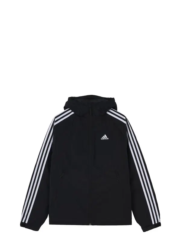 Adidas Hooded Down Jacket With Logo Printing And Side Stripe Detail - Black