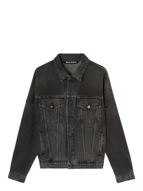 Palm Angels Logo Over Denim Jacket - Grey/white