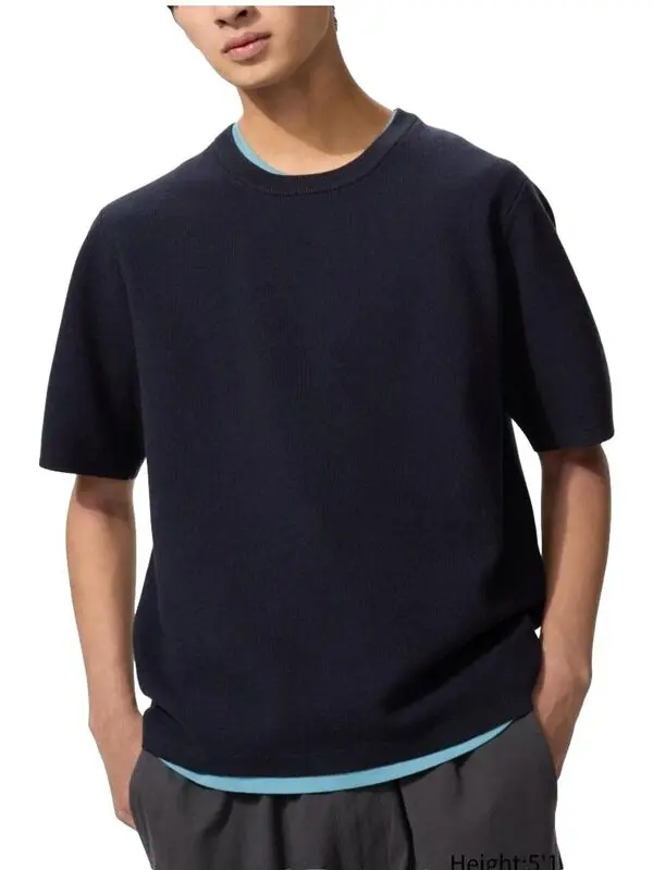 Uniqlo Washable Milano Ribbed Knitted T-shirt - Navy