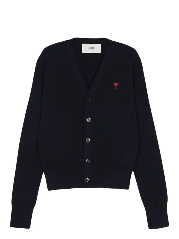 AMI Paris V-neck Cardigan With Embroidered Logo - Navy