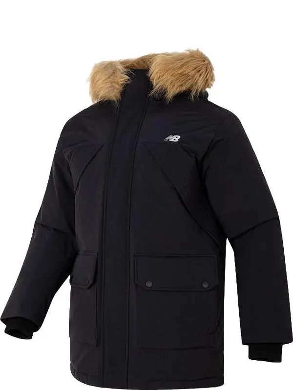 NEW BALANCE Hooded Down Parka With Fur Trim - Black/brown
