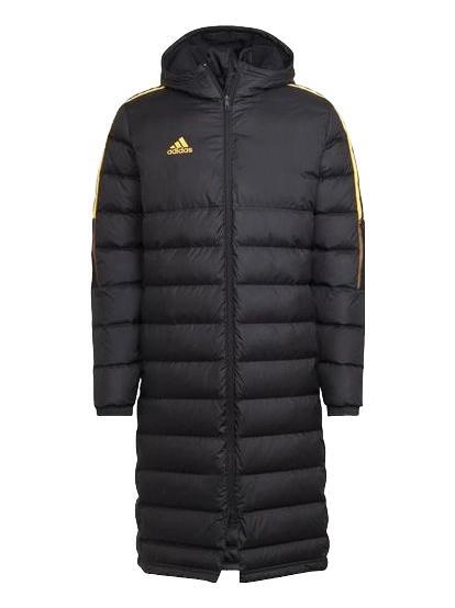Adidas Mid-length Hooded Down Jacket With Small Logo And Sporty Stripes - Black