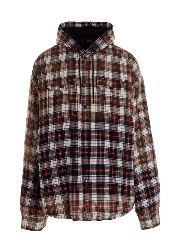 Balenciaga Bleached Plaid Long Sleeve Hooded Shirt - Red/white/black