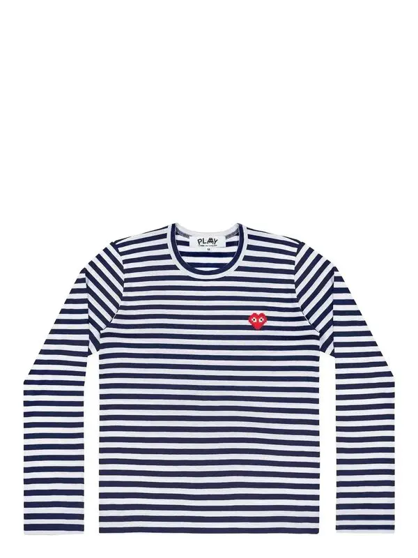 Play Comme Des Garcon Space Invaders L/s Striped Red Emblem - Navy