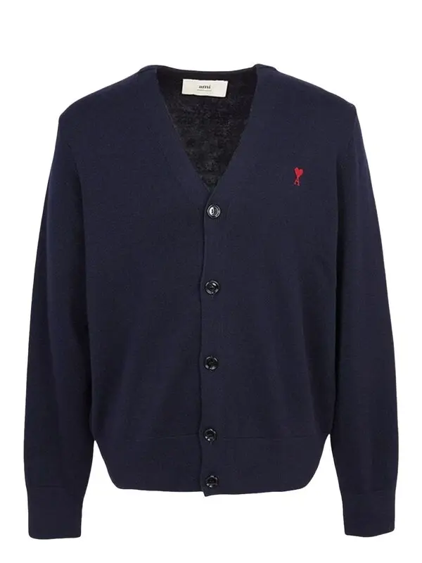 AMI Paris Ribbed V-neck Cardigan With Embroidered Logo - Navy
