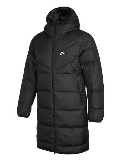 Nike Logo Mid-length Sports Hooded Down Jacket - Black