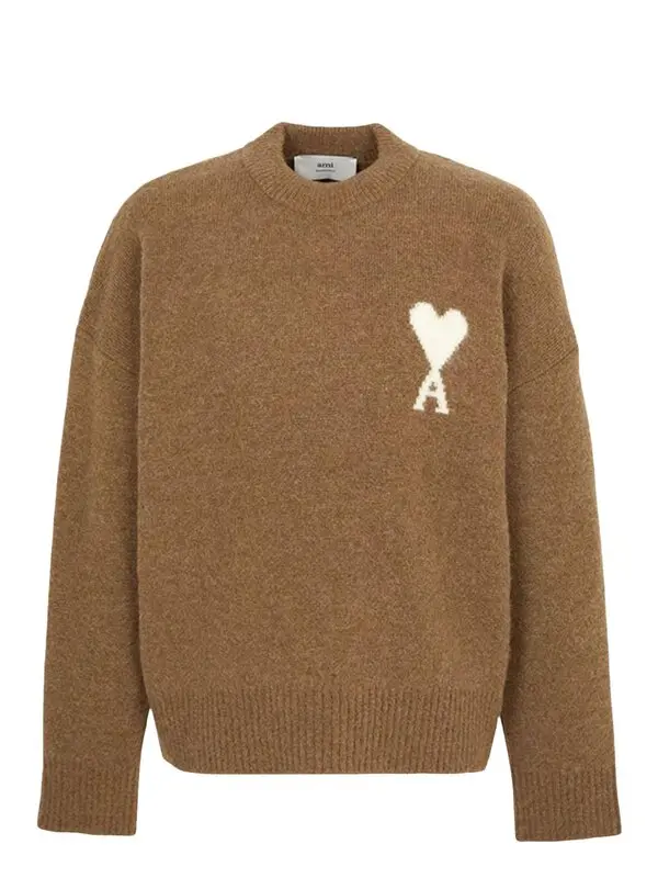 Ami Big Heart Logo Alpaca Crewneck Sweater - Brown