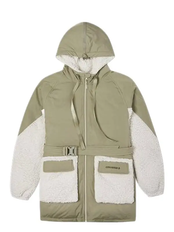 CONVERSE Down Jacket With Belted Waist - Olive Green/white