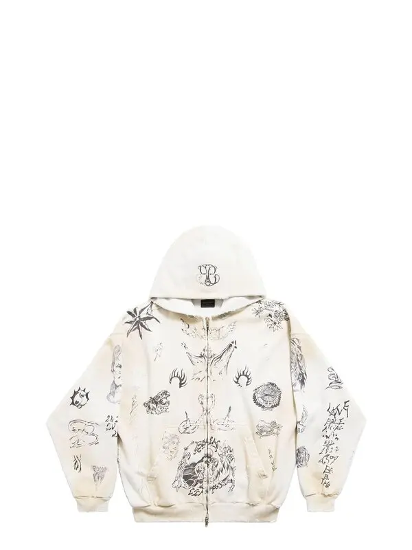 Balenciaga Tat Zip-up Hoodie - Off White/black
