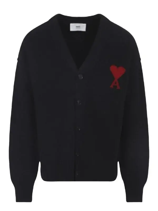AMI Paris Big Heart Logo Merino Wool Cardigan - Black