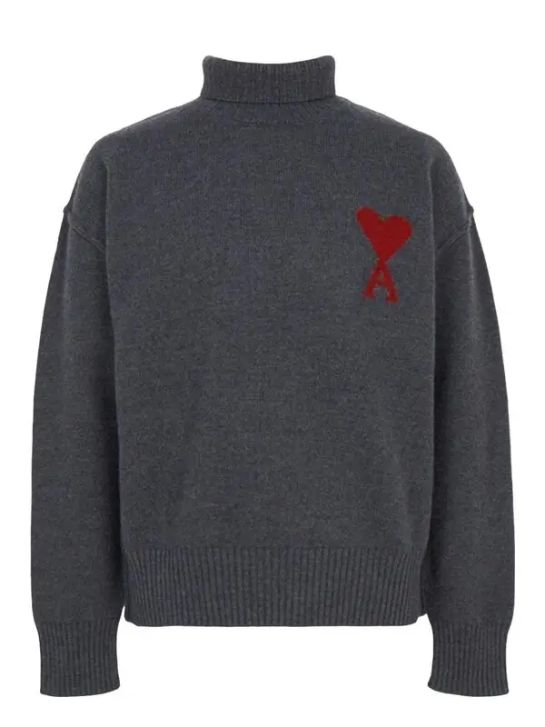 AMI Paris Turtleneck Knitwear T-shirt With De Coeur Appliqu - Gray