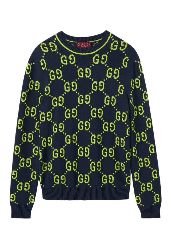 Gucci Gg Cotton Jacquard Crewneck Sweater - Navy/lime Green