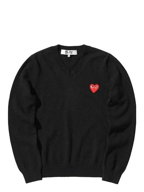 Play Comme Des Garcon V-neck Pullover With Red Emblem - Black