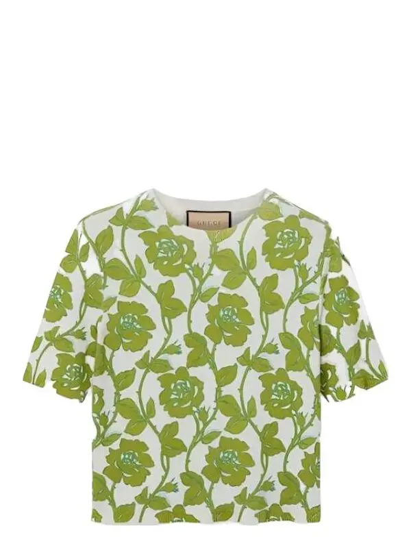 Gucci Floral Print Fine Wool Silk T-shirt - Green/beige