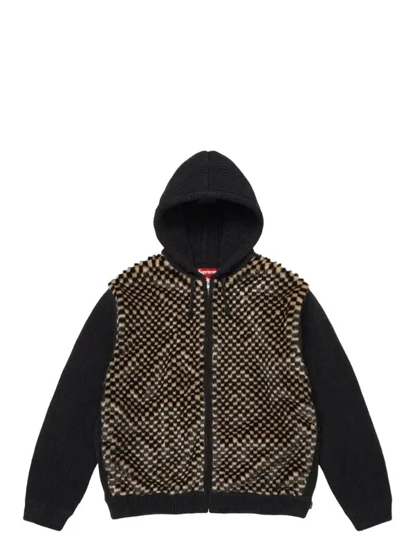 Supreme Checkerboard Faux Fur Zip Up Hooded Sweater - Black