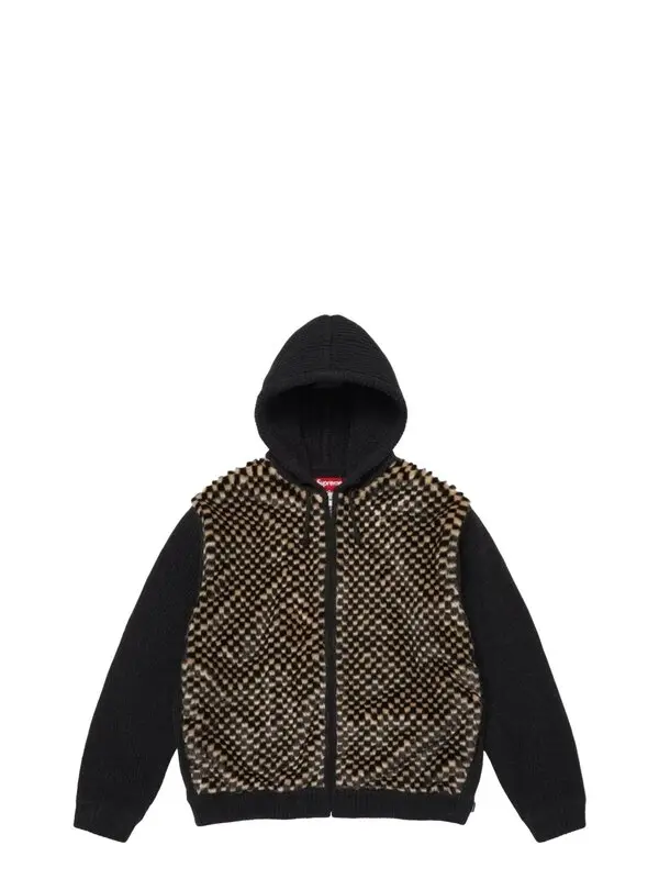 Supreme Checkerboard Faux Fur Zip Up Hooded Sweater - Black