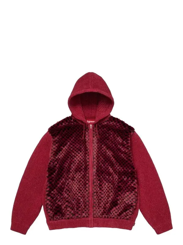 Supreme Checkerboard Faux Fur Zip Up Hooded Sweater - Red