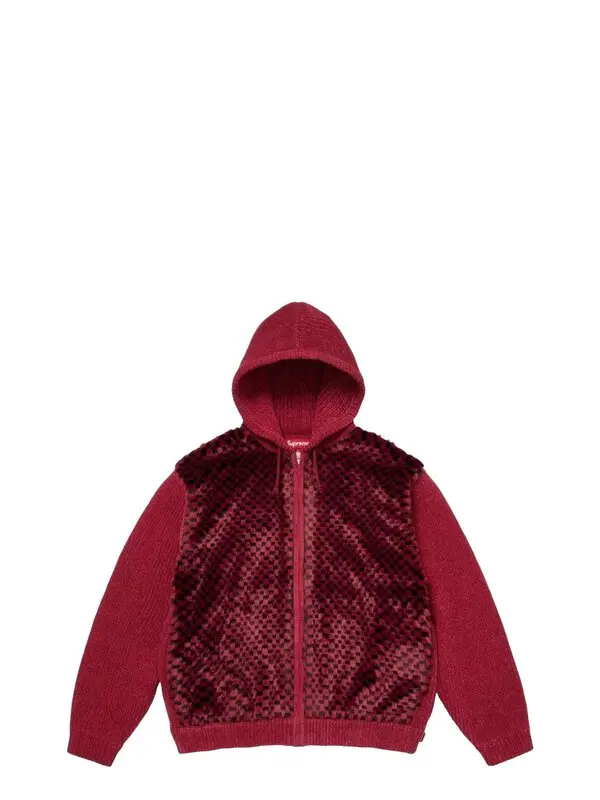 Supreme Checkerboard Faux Fur Zip Up Hooded Sweater - Red