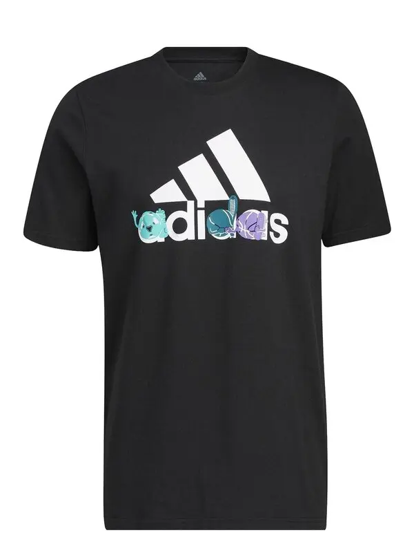 Adidas Logo Cartoon Pattern Printing Round Neck Short Sleeve Black T-shirt - Default Color