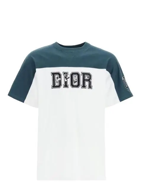 Dior Logo Printing Colorblock Round Neck Short Sleeve T-shirt - Green