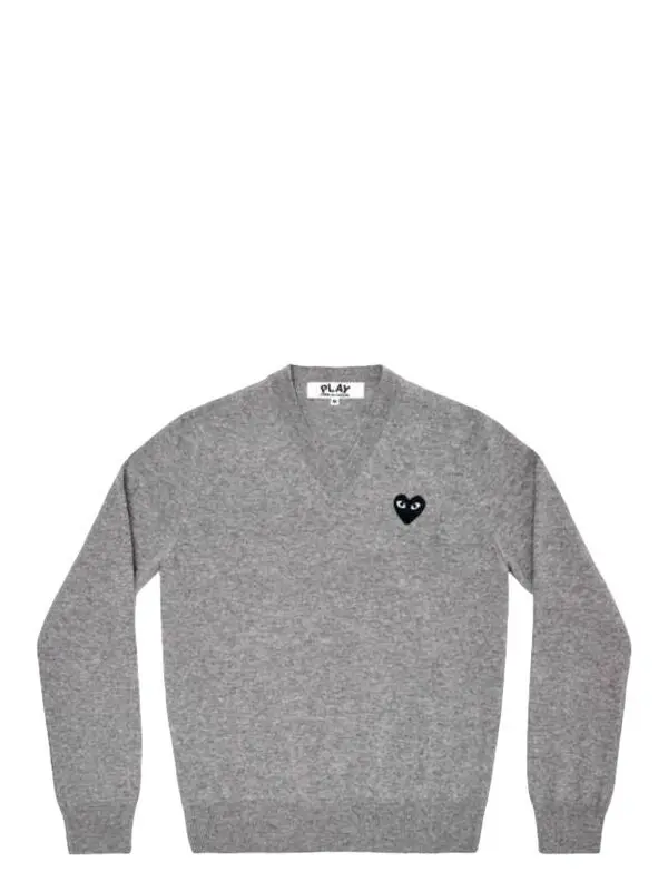 Play Comme Des Garcon V-neck Long Sleeve T-shirt With Black Emblem - Grey