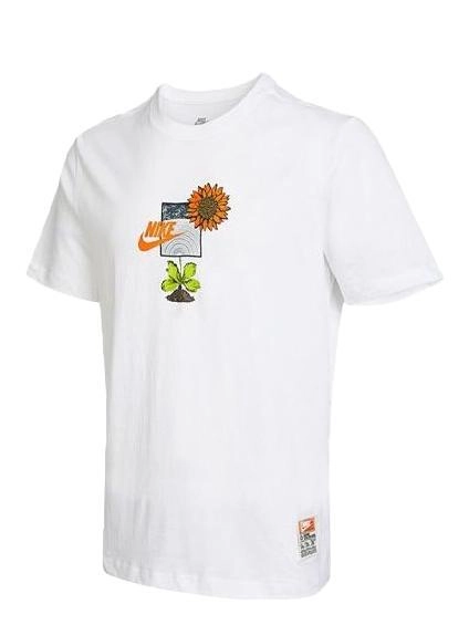 Nike Logo Plant Pattern Cartoon Printing Round Neck Casual Short Sleeve White T-shirt - Multi-color
