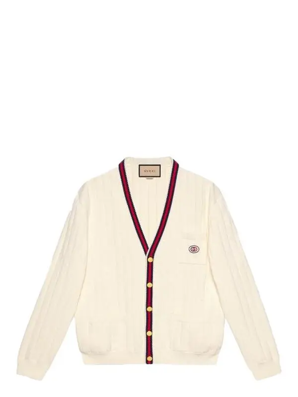 Gucci Knit Cotton V-neck Cardigan With Web Detail - White