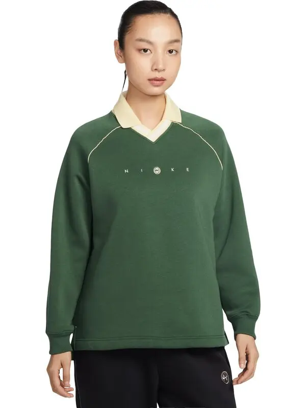 Nike Phoenix Fleece Oversized Graphic Polo Top - Fir/alabaster