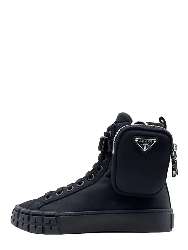 Prada Wheel Re-nylon Hight Sneakers With Detachable Pouch - Black/silver