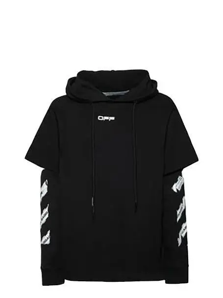 Off-White Long Sleeve Layered Hoodie With Printed Detail - Black