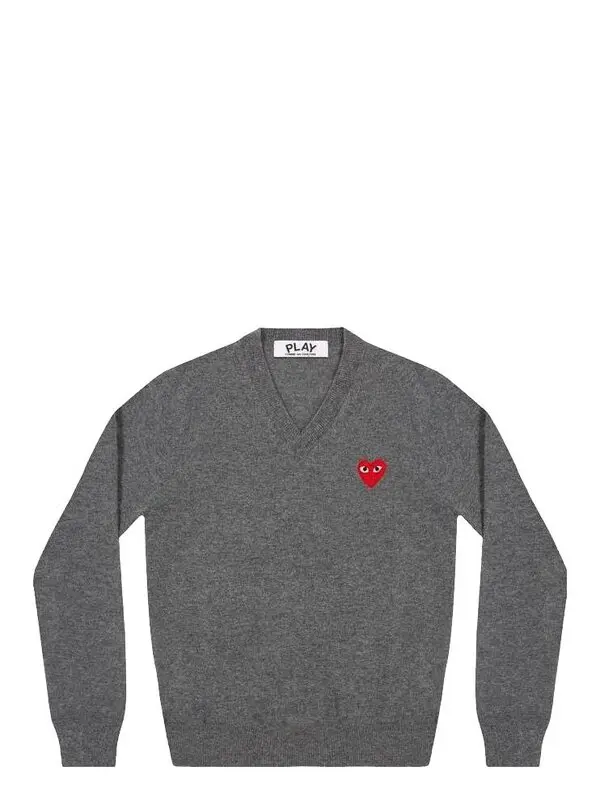 Play Comme Des Garcon V-neck Long Sleeve T-shirt With Red Emblem - Grey