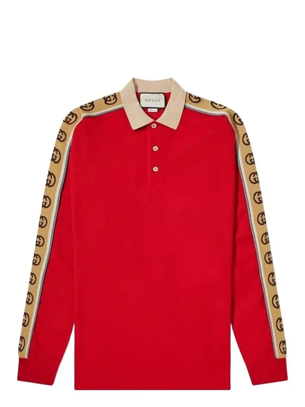 Gucci Long Sleeve Polo With Interlocking G Stripe - Red