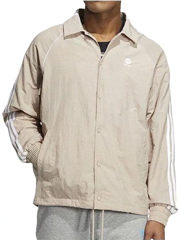 Adidas Basketball Jacket With Classic Collar And Striped Sleeves - Beige