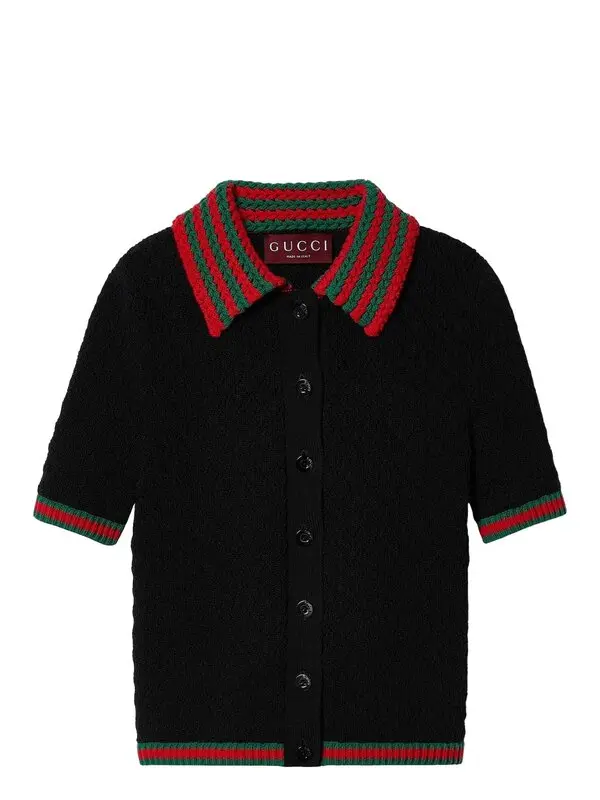 Gucci Cotton Lace Knit Polo With Web Detail - Black