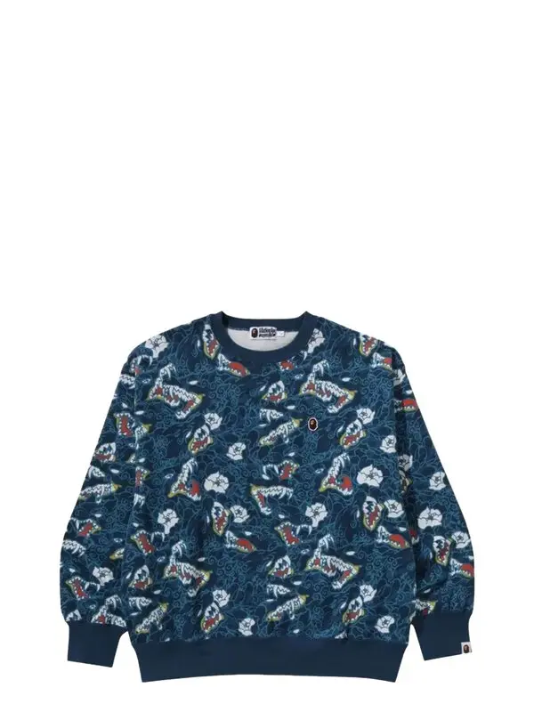 A BATHING APE Japanese Tattoo Camo Relaxed Fit Crewneck Sweatshirt - Blue