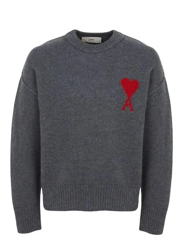 AMI Paris Grey Heart Logo Knitwear T-shirt - Gray/white
